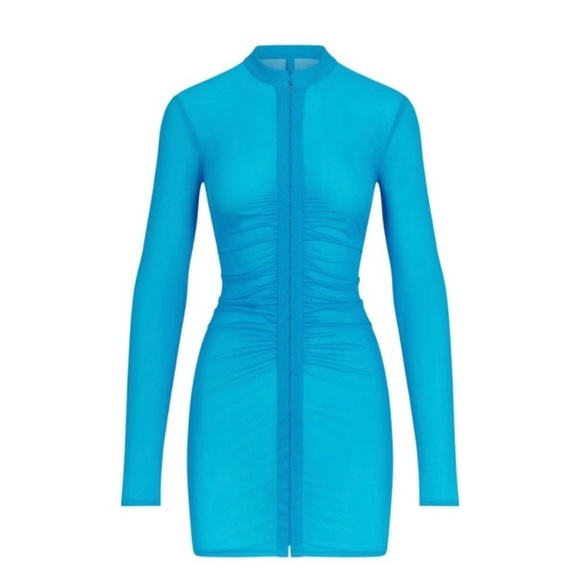 SKIMS | Swim | Ntw Skims Mesh Cover Up Long Sleeve Ruched Dress Blue ...